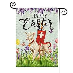 AVOIN colorlife Happy Easter Lamb of God Garden Flag 12x18 Inch Double Sided Outside, Hunt Meadow with Cross Floral Pascha Yard Outdoor Decoration