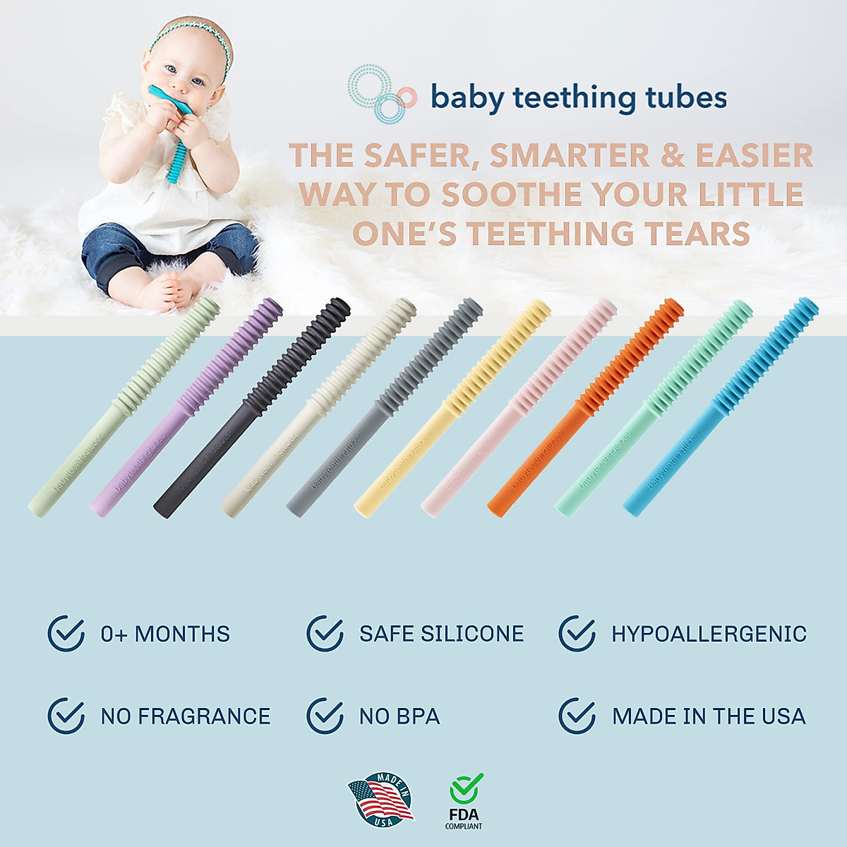 Baby Teething Tubes - Made in The USA Baby Teething Toys - Soft & Durable Infant Toys and Toddler Silicone Teether - 7 Inches, Teal - Baby Must Haves for Teething Relief - Food Safe & Easy to Clean
