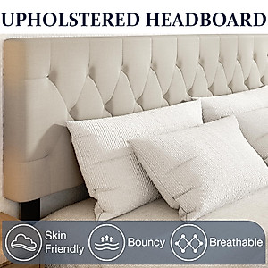 Queen Size Bed Frame with Storage, Queen Bed Frame with Headboard Adjustable, Upholstered Platform Bed Frame with Drawers, Mattress Foundation with Wooden Slats Support, No Box Spring Needed, Beige