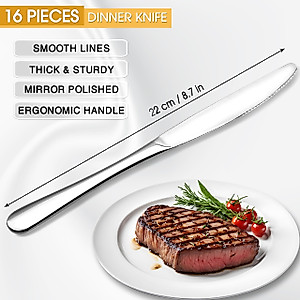 Senadore Stainless Steel Dinner Knife - Knife Set of 16 - Mirror Finish and Dishwasher Safe - 8.7" Dinner Knives for Casual and Formal Occasions (Casual Luxury)