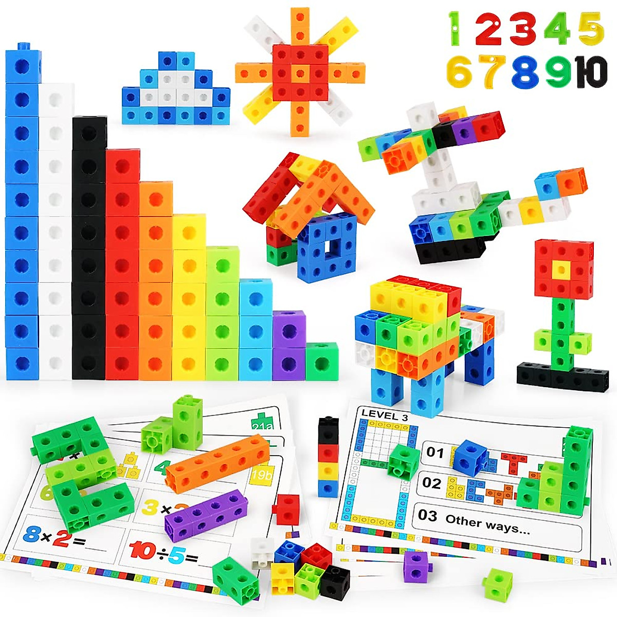 Number Blocks, Math Manipulatives 100 Snap Cubes with 30 Activity Cards, STEM Toy Learning Math Games for Kids 3 4 5 6 7 8+ Year Homeschool Supplies Birthday Gift, 148PCS