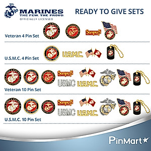 PinMart Officially Licensed U.S.M.C. Veteran 4-Piece Lapel Pin – Military Insignia United States Marine Corps Logo Pins – Gold Plated Enamel Brooch with Secure Clutch Back