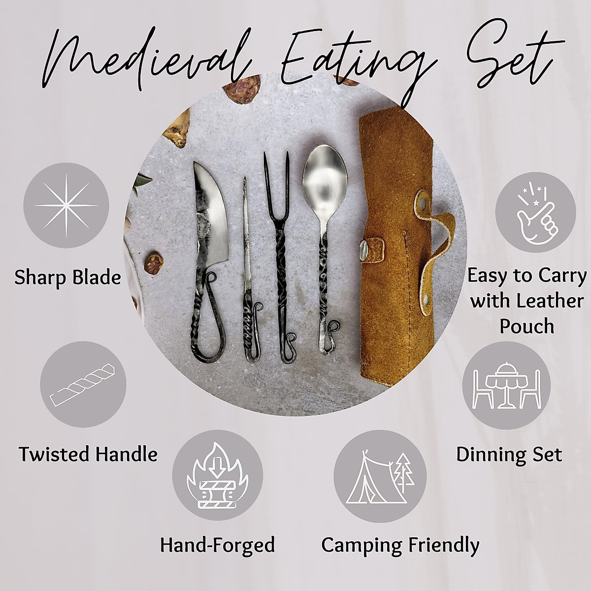 THE MIR Hand Forged Black Silverware Set With Leather Cover, Dinnerware Sets, Kitchen Utensil and Flatware Set, Medieval 4 Pcs Eating Utensil Set, Viking Cutlery Set Knife Spoon and Forks Set, MIR002