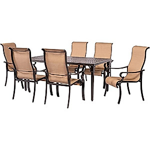 Hanover Brigatine 7-Piece Modern Patio Dining Set with 6 Quick-Dry Tan Sling Chairs and 40"x70" Square Cast-Top Table, All-Weather Outdoor Furniture Set for Backyard and Deck