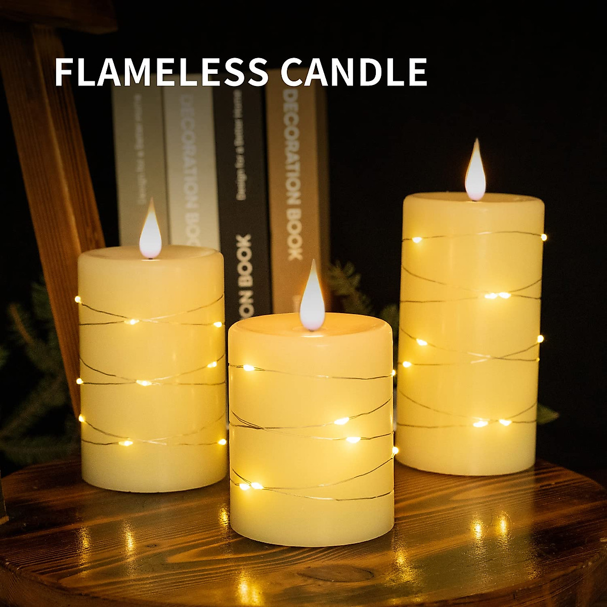 Flameless Battery Operated Flickering Valentine's Romantic Candle,with Embedded String Lights 3 Pack LED Electric Candle with 10-Key Remote Control, Dancing Flame, Real Wax(Batteries not Included)