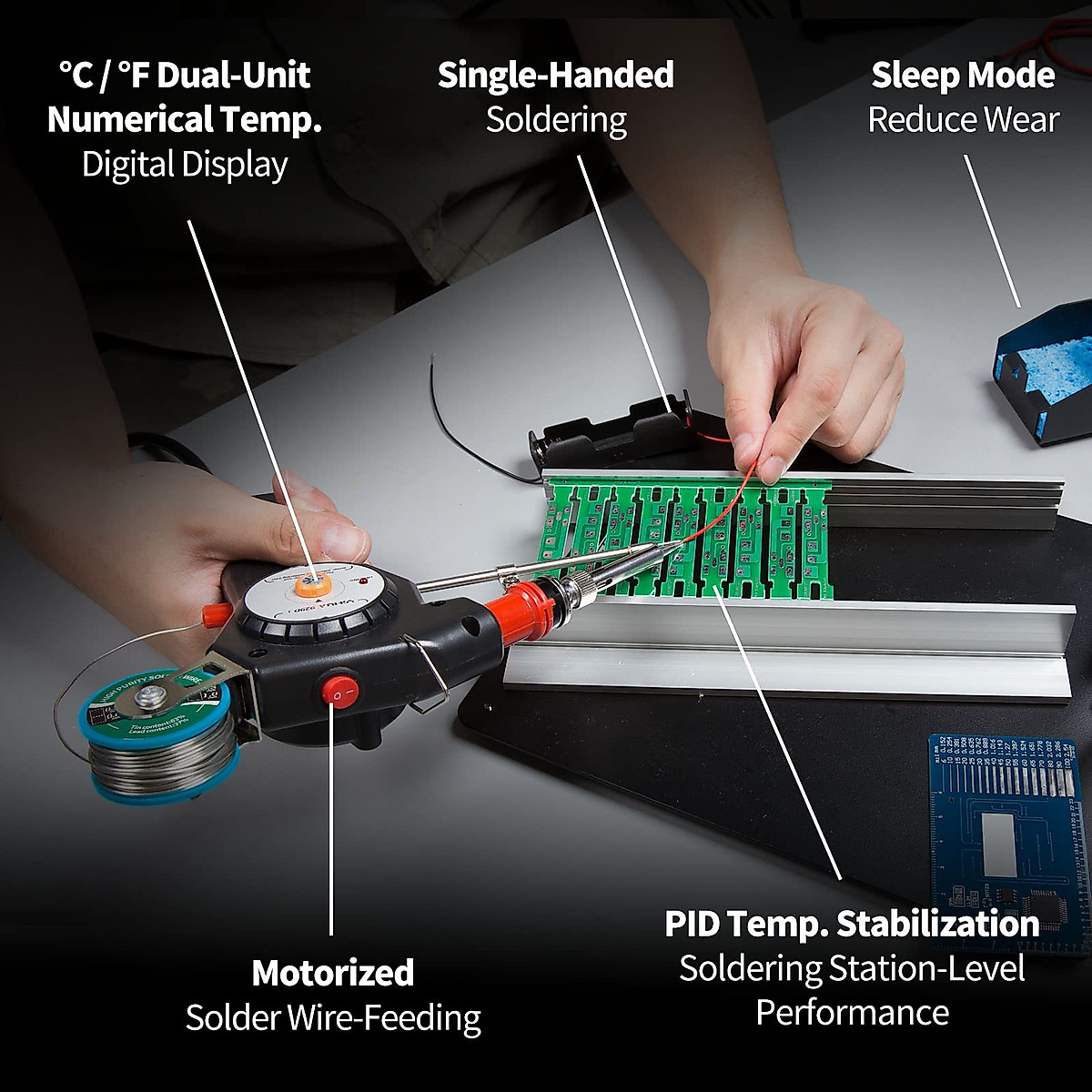 YIHUA 929D-I Motorized Automatic Feed Soldering Gun with Variable Precise Temp (392-842°F), On-off Switch, Temp Adjustment Dial for Single-Handed soldering work, Wire Splicing, Wire-to-switch