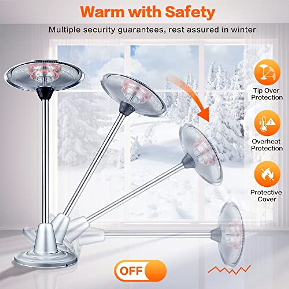 Electric patio Heater, Outdoor Patio Heater, Free-standing Heater with 2 Heating Modes, 750W/1500W, Dust &Waterproof IP65 Heater for Outdoor/Indoor, 30% Energy Saving,Tip-Over Protection,Silver