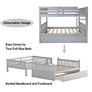 Olela Full Over Full Bunk Bed with Twin Trundle,Convertible Wood Full Bunk Bed Frame with Trundle Guard Rail Ladder for Kids Teens,No Box Spring Need,Gray