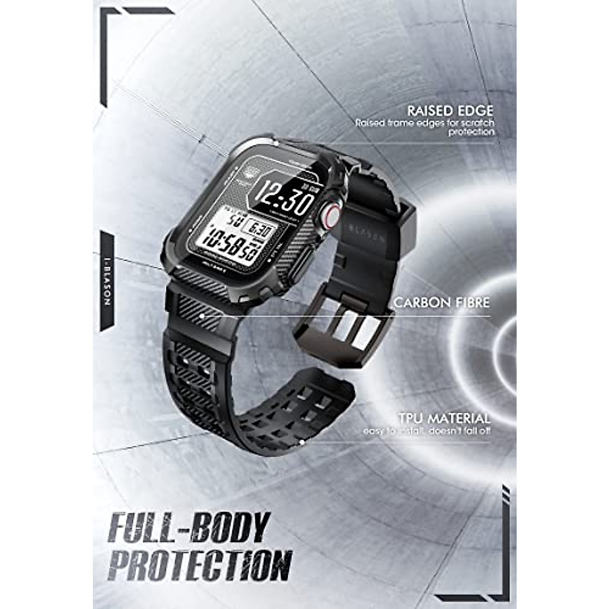 i-Blason Armorbox Compatible with Apple Watch Band [45mm] for Apple Watch Series 9/8/7, Rugged TPU Watch Band with 2-Pack Bumper Cases [Built-in Tempered Glass Screen Protector] (Black, 45mm)