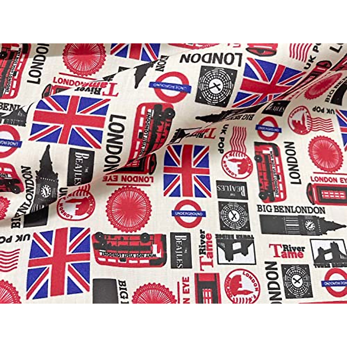 AMORNPHAN 45 Inch London British Big Ben Bus Great England United Kingdom UK England Flag Country Printed Cotton Fabric for Patchwork Needlework DIY Handmade Sewing Crafting Home Decoration For 1 Yard
