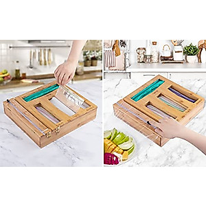 Ziplock Bag Storage Organizer with Plastic Wrap Dispenser for Kitchen Drawer, Bamboo Baggie Organizer for Gallon, Quart, Sandwich and Snack, Aluminum Foil and Wax Paper Holder Compatible with 12" Roll