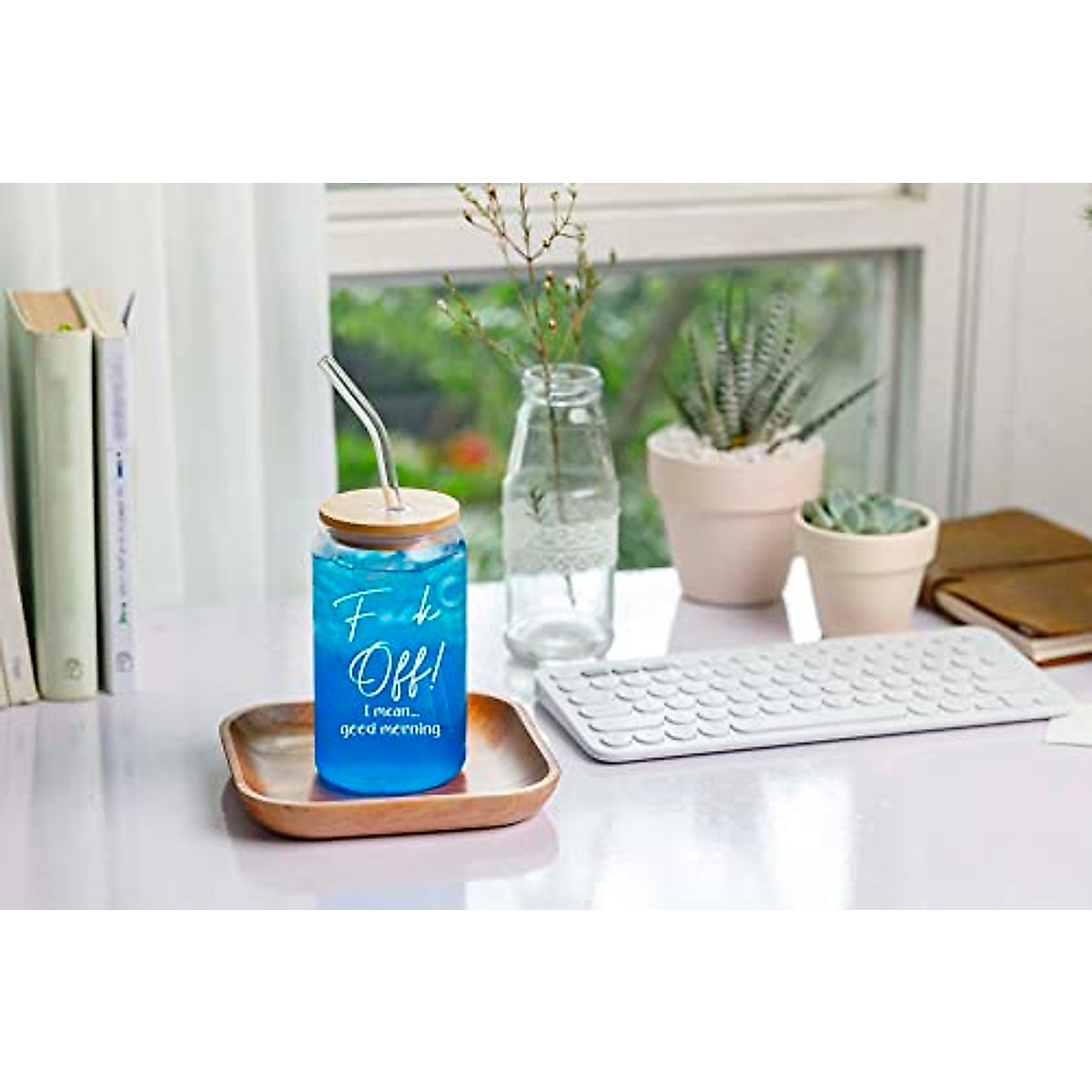 NewEleven Glass Cups With Bamboo Lids and Straws For Coffee, Boha Tea, Smoothie, Cocktail - Iced Coffee Cup, Smoothie Cup, Reusable Boba Cup - 16 Oz Coffee Glass…