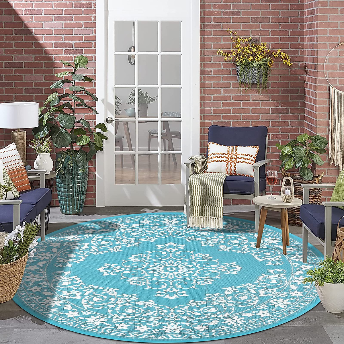 HEBE Round Outdoor Area Rug for Patios Clearance 6Ft Waterproof Mat Reversible Plastic Camping Door Mat, Circle Outside Carpet for RV, Camper,Porch,Deck,Balcony,Backyard