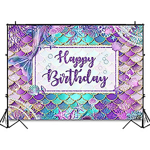 Avezano Mermaid Birthday Backdrop for Girl Under The Sea Bday Party Photography Background Glitter Purple Green Aqua Pink Mermaid Tail Birthday Party Decoration Photoshoot (7x5ft, Gold Glitter)
