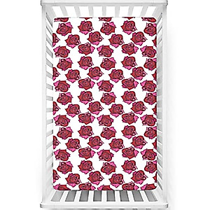Roses Themed Fitted Mini Crib Sheets,Portable Mini Crib Sheets Soft Toddler Mattress Sheet Fitted-Baby Sheet for Boys Girls,24“ x38“,Raspberry Pink Dark Magenta White