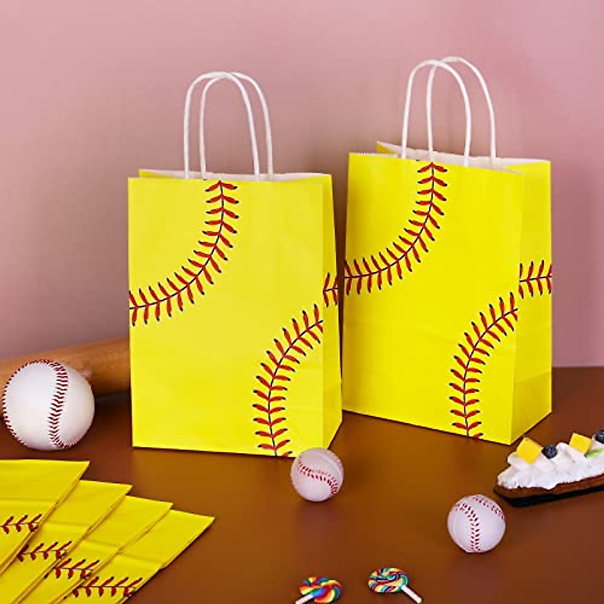 durony 16 Pieces Softball Gift Bag Softball Print Paper Bags Goodie Favor Bags for Softball Party Decorations Supplies