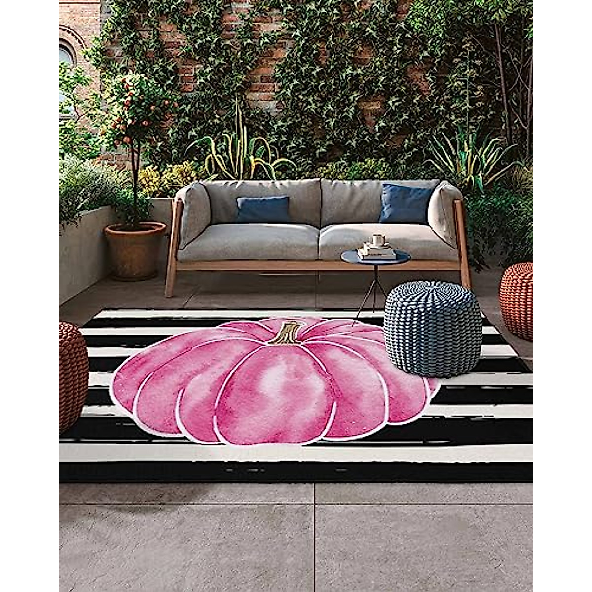 Outdoor Rug 4' x 6', Thanksgiving Fall Large Area Rugs for Patio/RV/Deck/Porch/Indoors, Black and White Striped Pink Pumpkin Water Absorption Camping Rug Carpet, Lightweight Washable Rug Runners