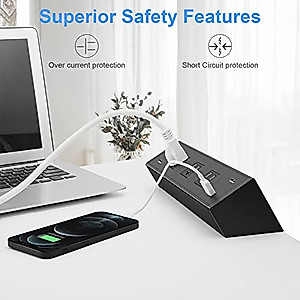 Metal Desk Clamp Power Strip with 4 USB Ports,Desk Edge Power Strip Surge Protector 800J with 3 Widely Spaced Tamper Resistant AC Outlets for Large Plug,6ft Cord,Fit 2 inch Tabletop Edge