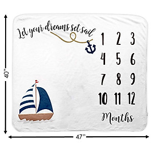 Baby Monthly Milestone Blanket | includes Felt Frame and Baby Sailor Hat | 1 to 12 Months | Premium Extra Soft Fleece | Best Photography Backdrop Prop for Newborn Boy & Girl (Sailor Blanket)
