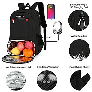 AQZPTV Insulated Cooler Lunch Backpack Leakproof Lightweight Soft Anti-theft USB Port Headphone Plug School Travel Work Bag for Men Women (Black)