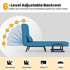 Giantex Convertible Sofa Bed, 4-in-1 Sleeper Chair with Pillow, Modern Recliner Guest Bed with 6 Positions Adjustable Backrest, Metal Legs, Linen Fabric Armchairs for Nursery Living Room Office (Blue)