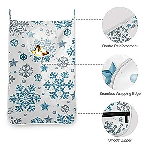 Snowflakes And Stars Door Hanging Laundry Hamper Bag Winter Christmas Space Saving Wall Large Laundry Basket Storage Dirty Clothes Bags with Bottom Zippers Hooks For Bathroom Bedroom 1 Pcs