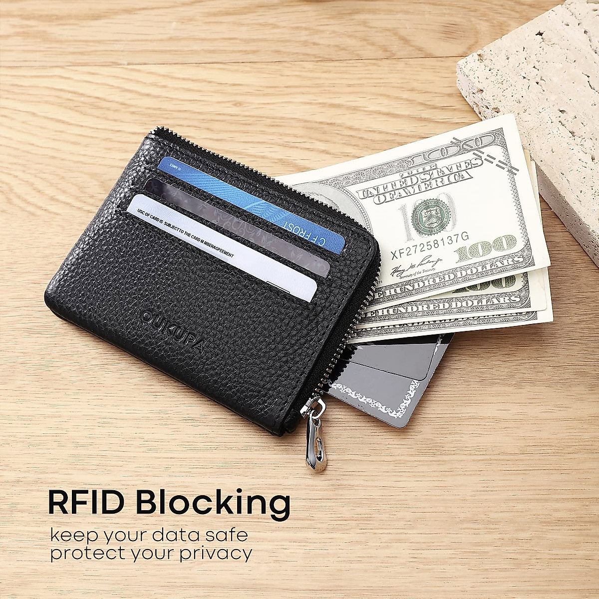 AOLUC Top Grain Genuine Leather Small Slim Mini Change Wallets for Women RFID Blocking Pocket Zipper Wallet Ladies Card Case Coin Purse with ID Window