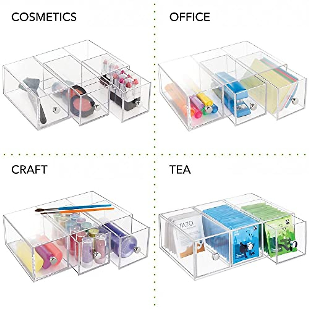 mDesign Plastic Stackable Desktop Organizer Tower Storage Station with 3 Drawers for Home Office - Holds Pens, Sticky Notes, Binder Clips, Notepads, or Gel Pens - Lumiere Collection - 2 Pack - Clear