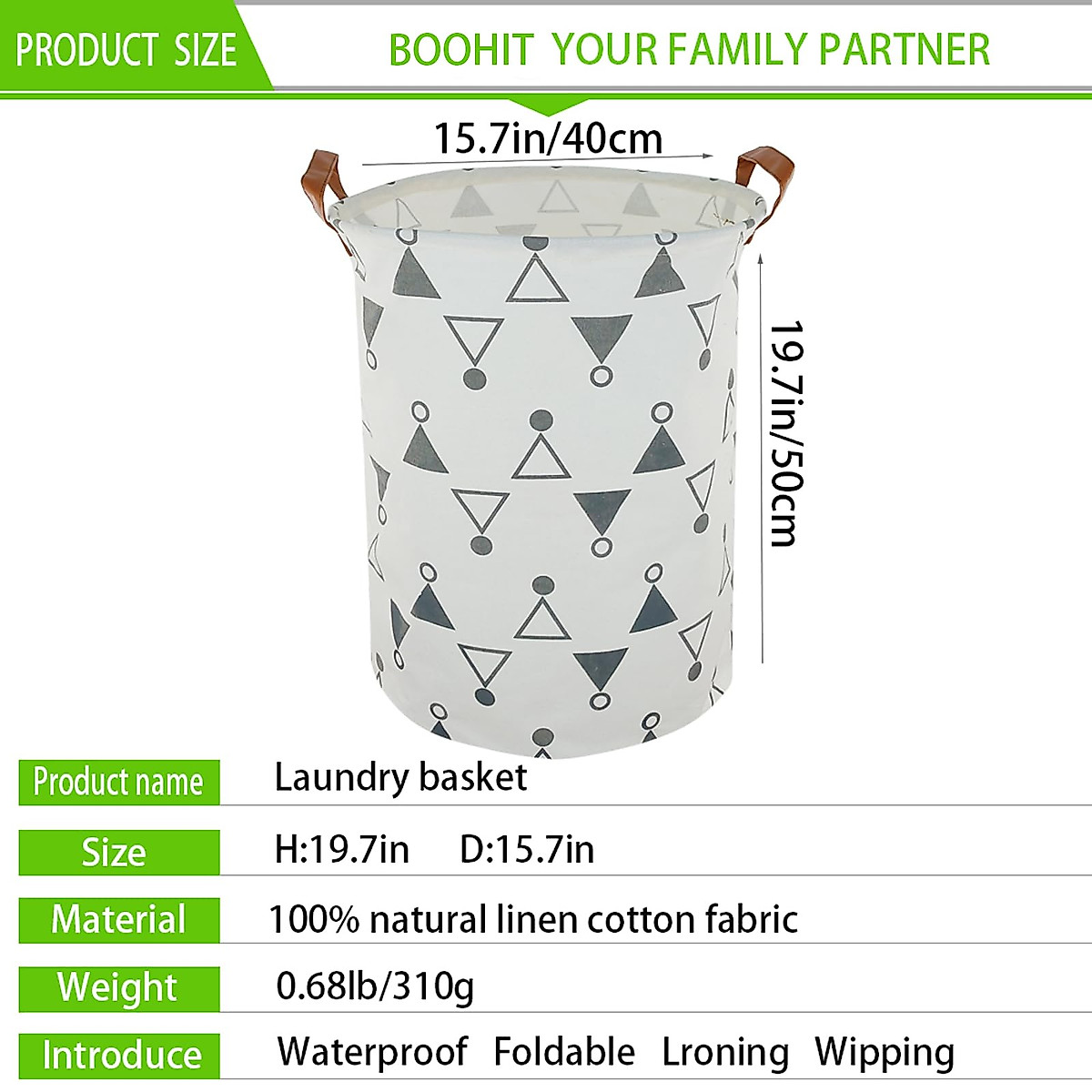 BOOHIT Triangle Kids Tall Fabric Toy Storage Laundry Basket Room Decor Fabric Baby Nursery Cute Hamper Large Collapsible Storage Bin Birthday Halloween Christmas Gift(Grey White Circular Triangle)