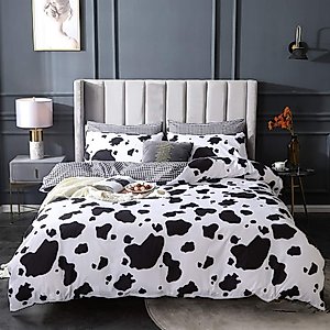 Erosebridal Kid Cartoon Bedding Set Cow Print Duvet Cover Black White Comforter Cover Milk Cow Animal Bedspreads Cover 2 Pcs Twin Size, Reversible Plaid Grid Toddler Teen Boys Girls Room Decor,