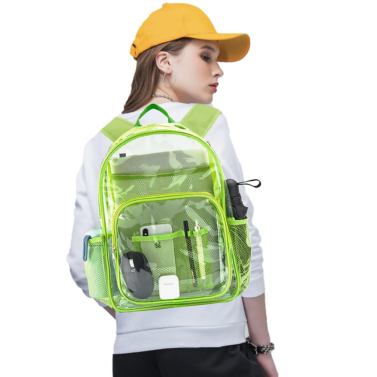 BAJNOKOU Clear Backpack Heavy Duty Pvc Bookbag for School - See Through Transparent Stadium Approved Backpacks for Women Concert Sport Venues Work Travel,Lemon green