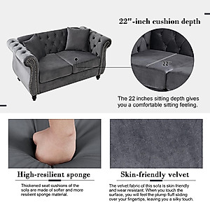 ATUMON 59" Chesterfield Loveseat Velvet Sofa for Living Room,2-Seater Sofa Tufted Couch with Two Pillows,Rolled Arms and Nailhead for Living Room, Bedroom, Office Grey