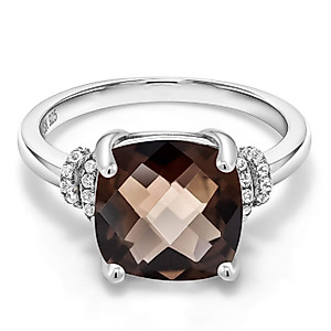 Gem Stone King 925 Sterling Silver Brown Smoky Quartz Engagement Ring For Women (3.36 Cttw, Cushion Checkerboard 10MM, Available in size 5, 6, 7, 8, 9)