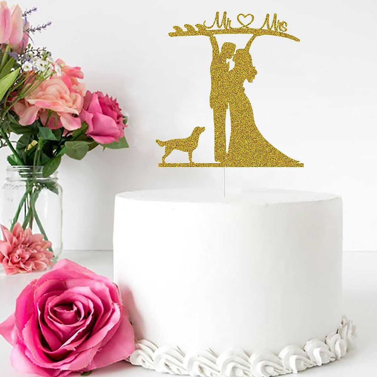 Surfing Couple Mr & Mrs Cake Topper with Dog Surfboard, Funny Wedding Cake Decors, Bride and Groom Wedding Anniversary Party Decorations Gold Glitter