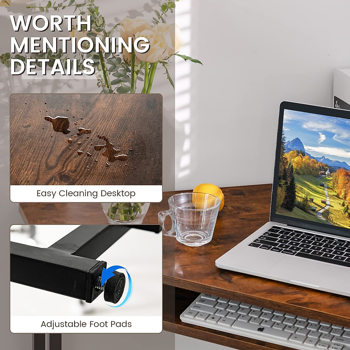 MEDIMALL Triangle Computer Desk, Small Corner Writing Table with Power Outlets, Keyboard Tray & Storage Shelf, Strong Metal Frame, Home Office Workstation Gaming Desk for Small Spaces, Rustic Brown