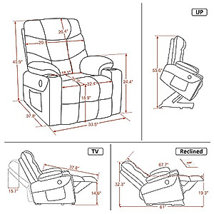 MCombo Electric Power Lift Recliner Chair Sofa for Elderly, 3 Positions, 2 Side Pockets and Cup Holders, USB Ports, Fabric 7286 (Medium Grey)