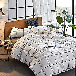 KAREVER White Grid Comforter Set Big Grid Bedding Set Twin Cotton White with Black Plaid Printed Stripes Women Checkered Comforters Bedding Set Girls White Grid Bed Blanket Set White Plaid Comforter
