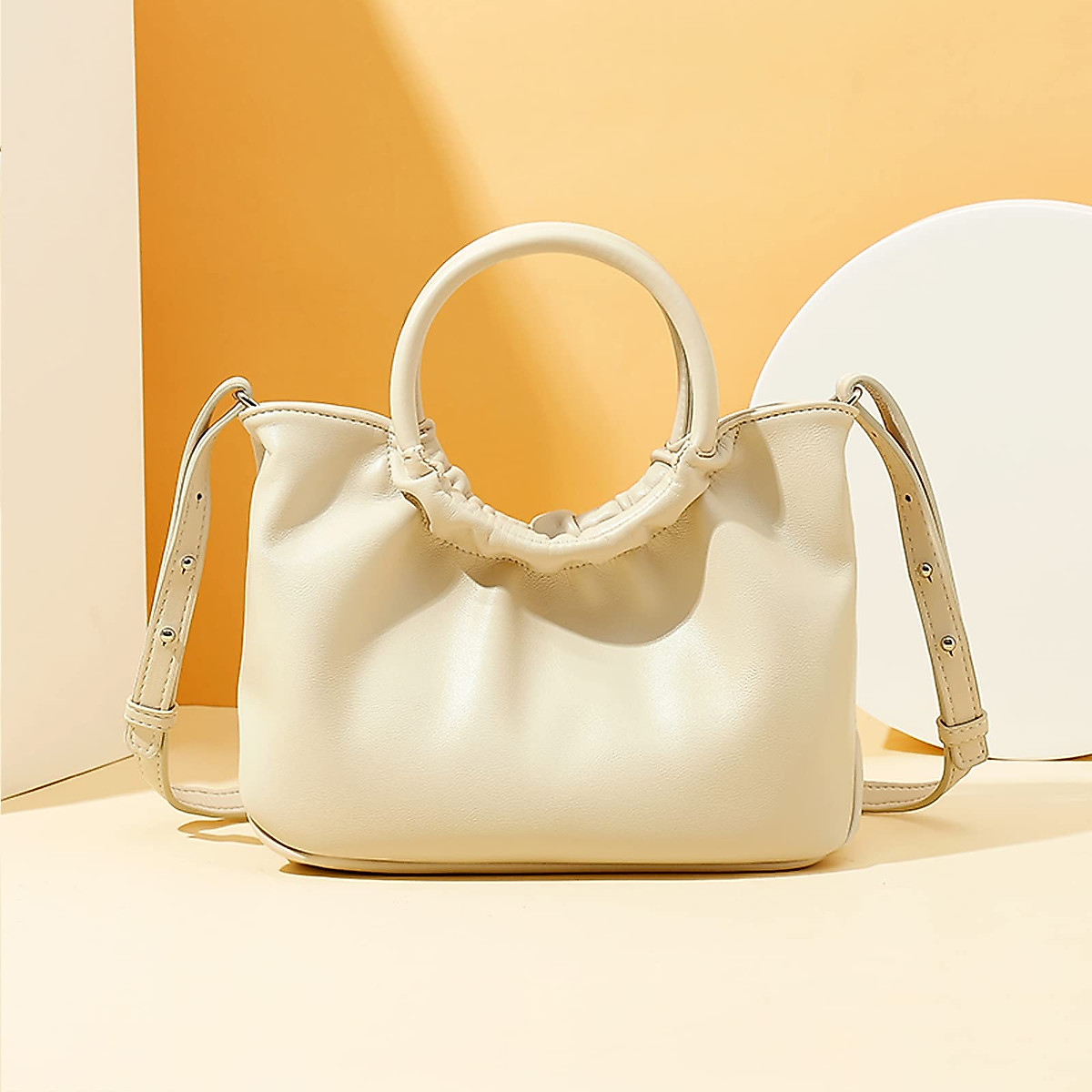 NVKIC Small Crossbody Bags for Women Soft PU Leather Cute Totes Trendy Retro Removable Strap Shoulder Handbag Mini Bucket Purse Beige Color