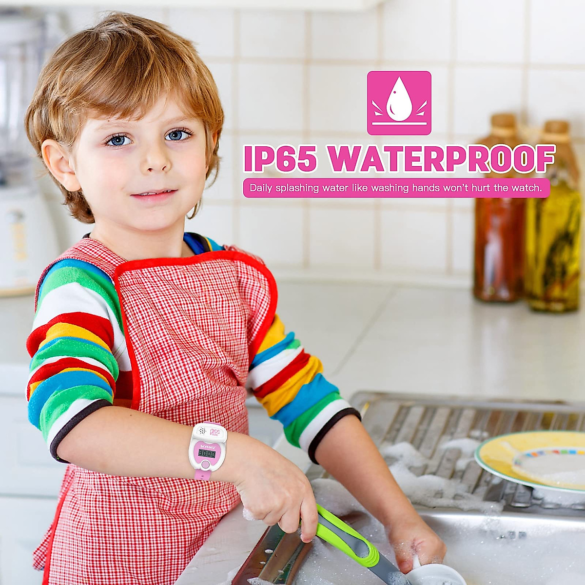 SKYROKU Potty Training Watch for Toddlers – Cute Toilet Shape, Music & Light Reminders, 3 Songs, Countdown Timer, Replaceable Battery, Silicone Strap – Easy Setup & Safe for Kids(Pink)