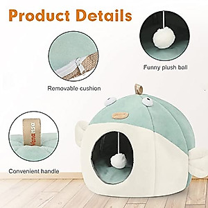 Vanansa Cat Bed for Indoor Cats, Large Covered Cat Bed with Anti-Scratch Lining, Ultra Soft Cat Hideaway, Cute Cat House with Hanging Toy, Pet Bed for Large Cats, Puppy Dog 9-13LB (Green L, 18" x 15")