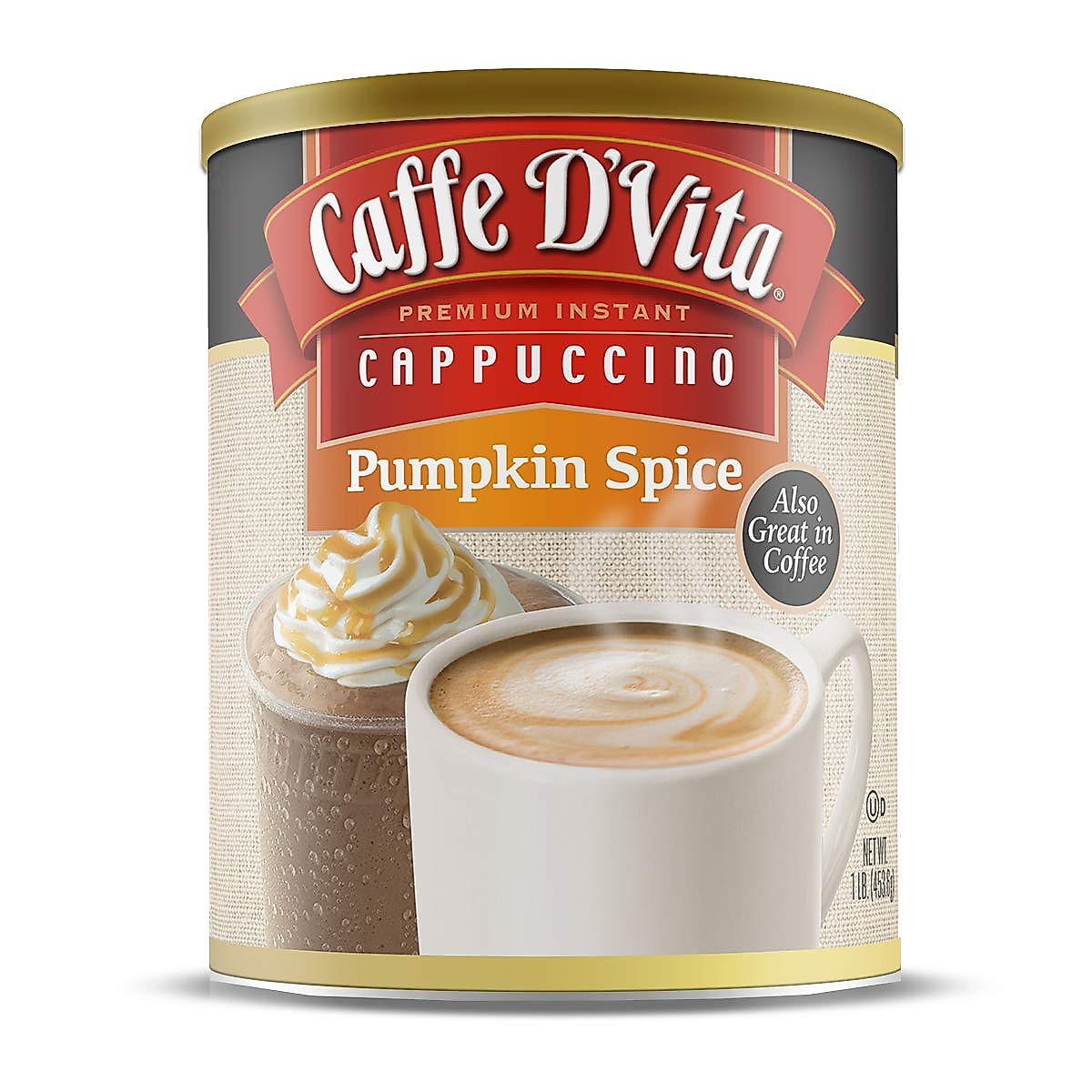 Caffe D’Vita Pumpkin Spice Cappuccino Mix - Pumpkin Spice Latte Mix, Gluten Free, No Cholesterol, No Hydrogenated Oils, No Trans Fat, 99% Caffeine Free, Pumpkin Spice Instant Coffee - 1 Lb Can, 6-Pack