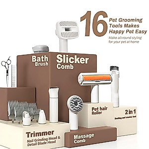 Bunfly Dog Grooming Kit & Dog Hair Vacuum, 3L Large Capacity Dust Cup,13,000KPa Powerful Suction, 99% Pet Hair Removal, 16 Grooming Tools for Dogs, Cats & More, Home Cleaning - Brown