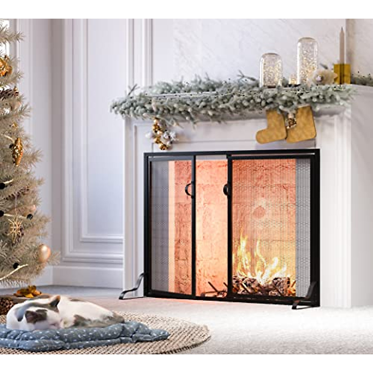 Kingson 37.8x30.7 in Fireplace Screen with Doors, 2-Pannel Handcrafted Solid Wrought Iron Decorative Mesh Classic Fire Spark Guard-Black