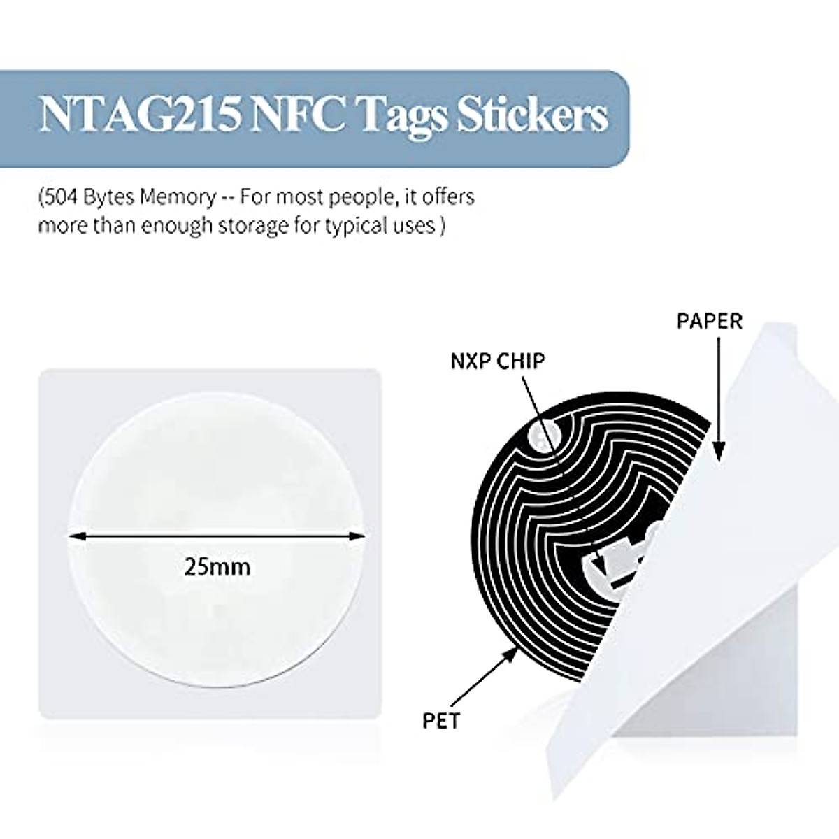 50pcs NFC Stickers NFC Tags Sticker NTAG215 Black NFC Stickers Round (25mm) Rfid Sticker, Blank NFC Tag 504 Bytes Programmable NFC Tag Sticker,Compatible with Android and All Other NFC Enabled Devices