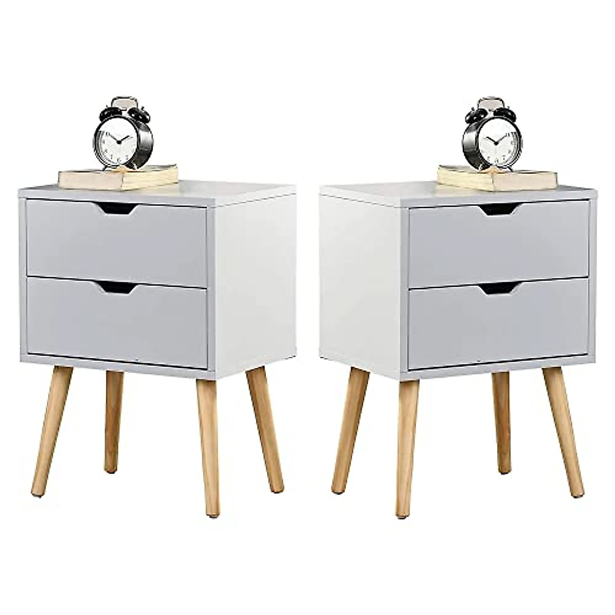 sweetgo End Side Table Nightstand with Storage Drawer -Fashion Modern Assemble Storage Cabinet Bedroom Bedside -Solid Wood Legs Living Room Bedroom Furniture-Double Drawer Nightstand-Set of 2 (White)