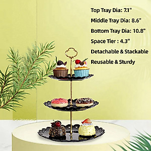 RAUVOLFIA 2 Pack of Large Round & Square Dessert Cupcake Stand, 3 Tier Cup Cake Holder Tower for Tea Party/Birthday/Wedding, Plastic Tiered Serving Tray (Black)