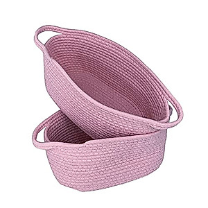 Storage Basket Set of 2, Natural Cotton Rope Woven Baskets with Handles for Organizing,13.8"x8.7"x6.7" Woven Basket for Books, Magazines, Toys Decorative Basket For Baby Nursery, Living Room, Bathroom Pink