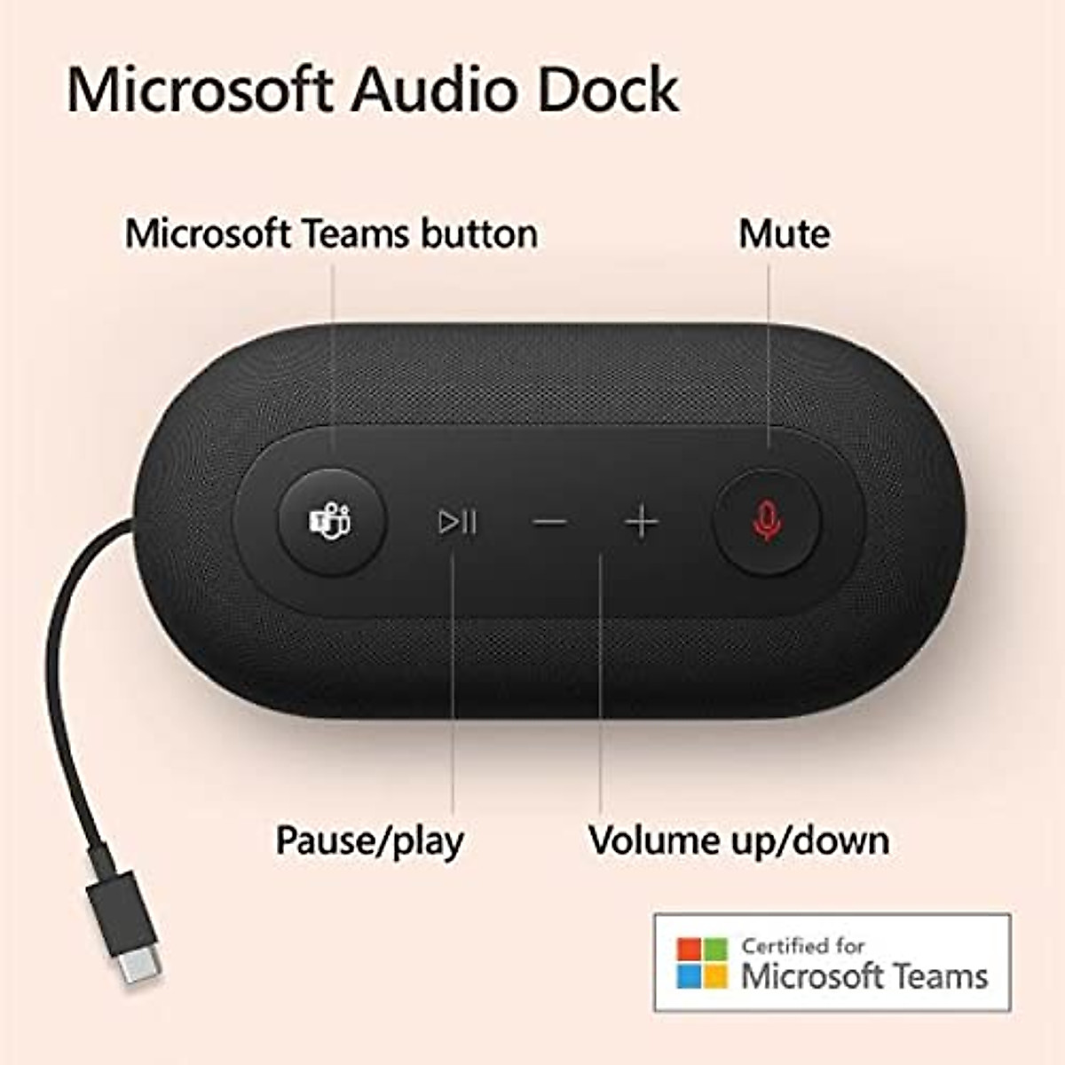 Microsoft Audio Dock - Teams Certified, USB-C Dock, HDMI 2.0, USB-A, USB-C x 2 Ports, Pass-Through Charging, Audio Speaker Phone, Works with Teams, Zoom, and Google Meet apps