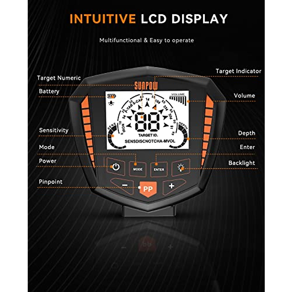 SUNPOW Metal Detector, IP68 Waterproof Coil, Identify 9 Types of Metals, High Accuracy, 10 Inch Detection Depth, 5 Modes, Strong Anti-Interference, Suitable for Adults and Kids (OT-MD07)
