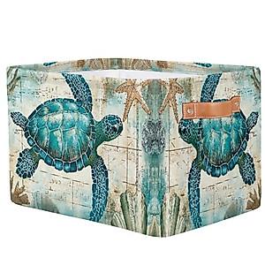 Sea Turtle Retro Map Storage Basket Bin Nautical Ocean Starfish Large Fabric Toys Storage Cube Box with Handles Collapsible Closet Shelf Cloth Organizer Basket for Nursery Bedroom Gift